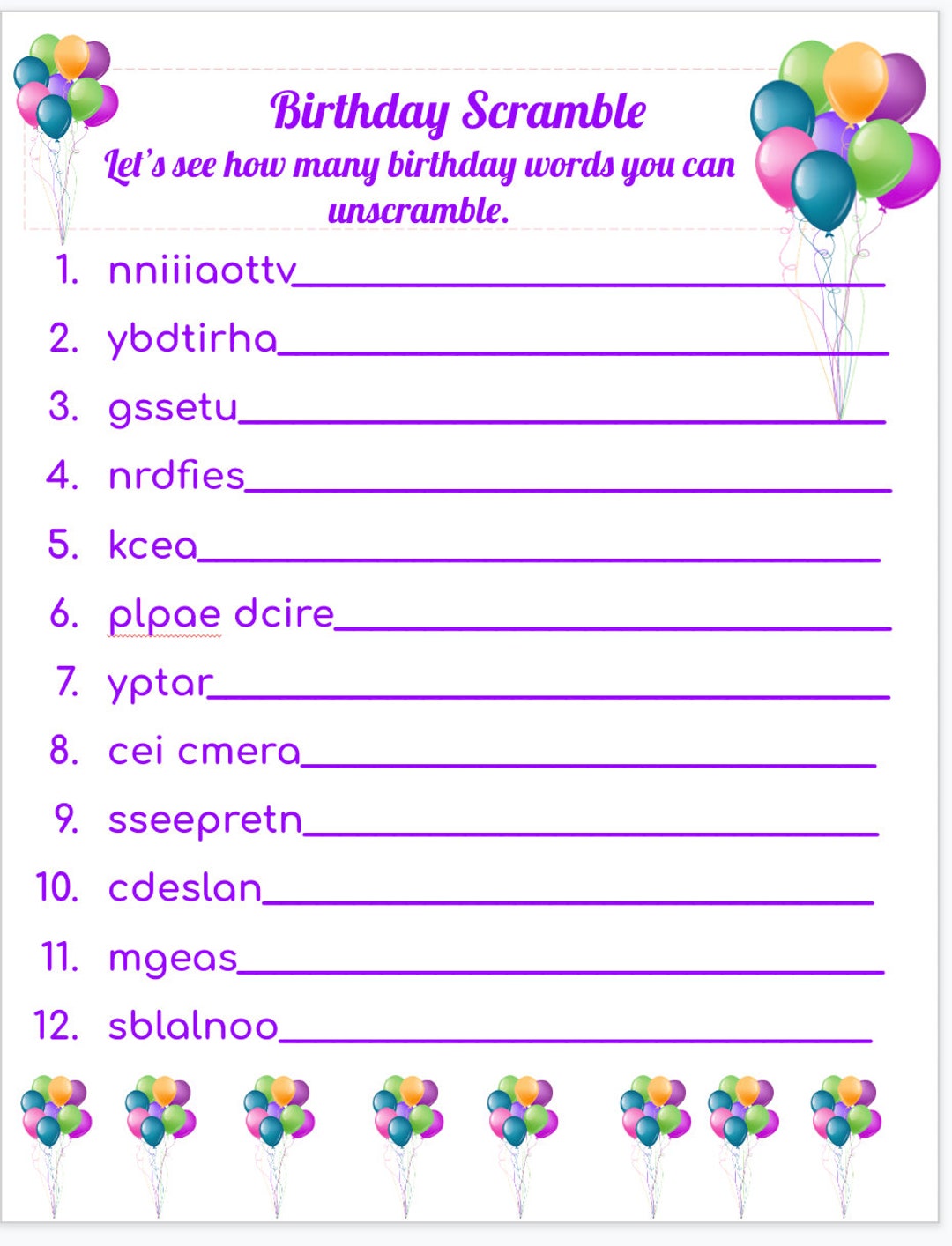 Birthday Word Scramble - Etsy