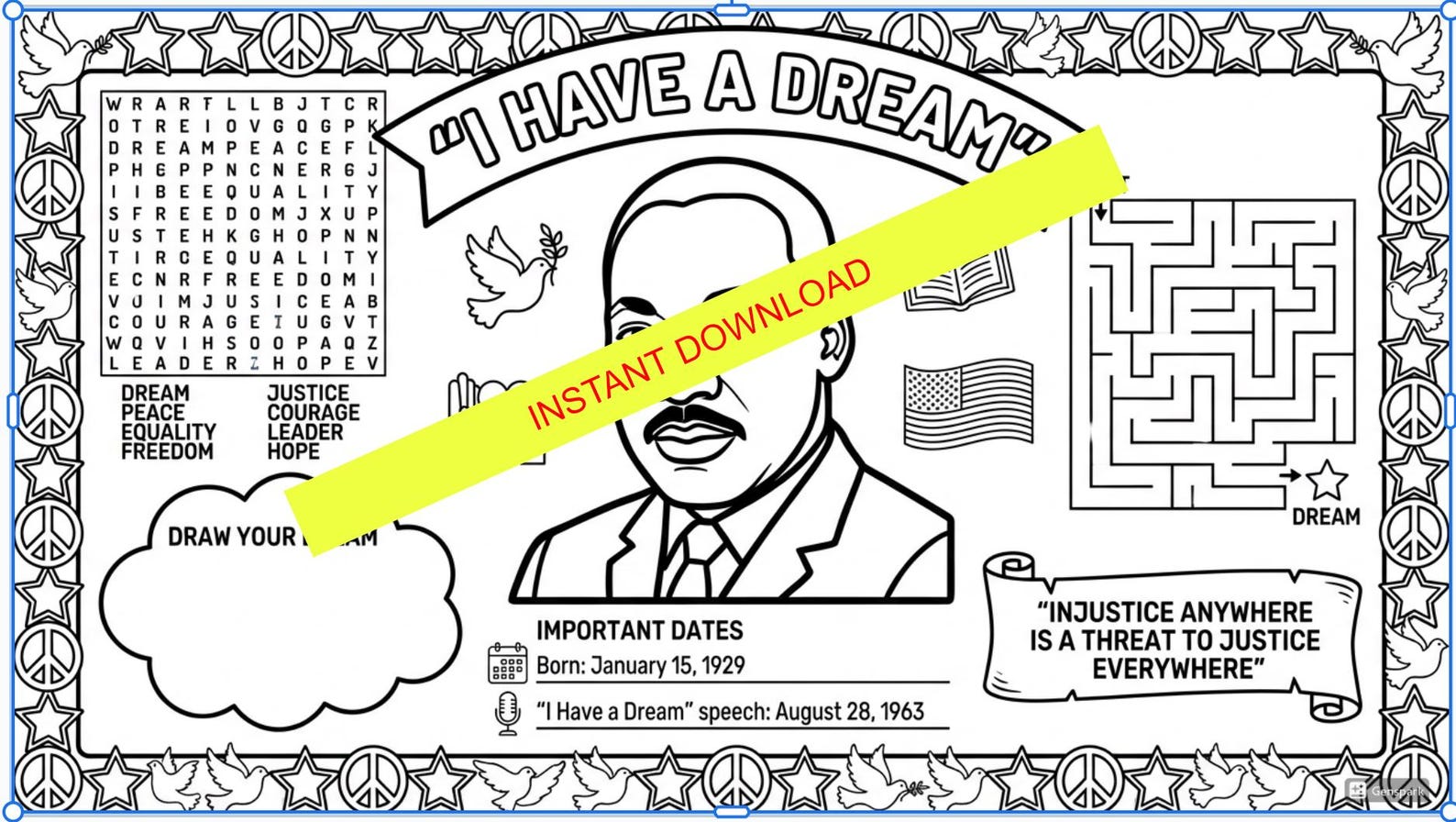 MLK Jr. Activity Placemat | Black History Month Worksheet (digital ...