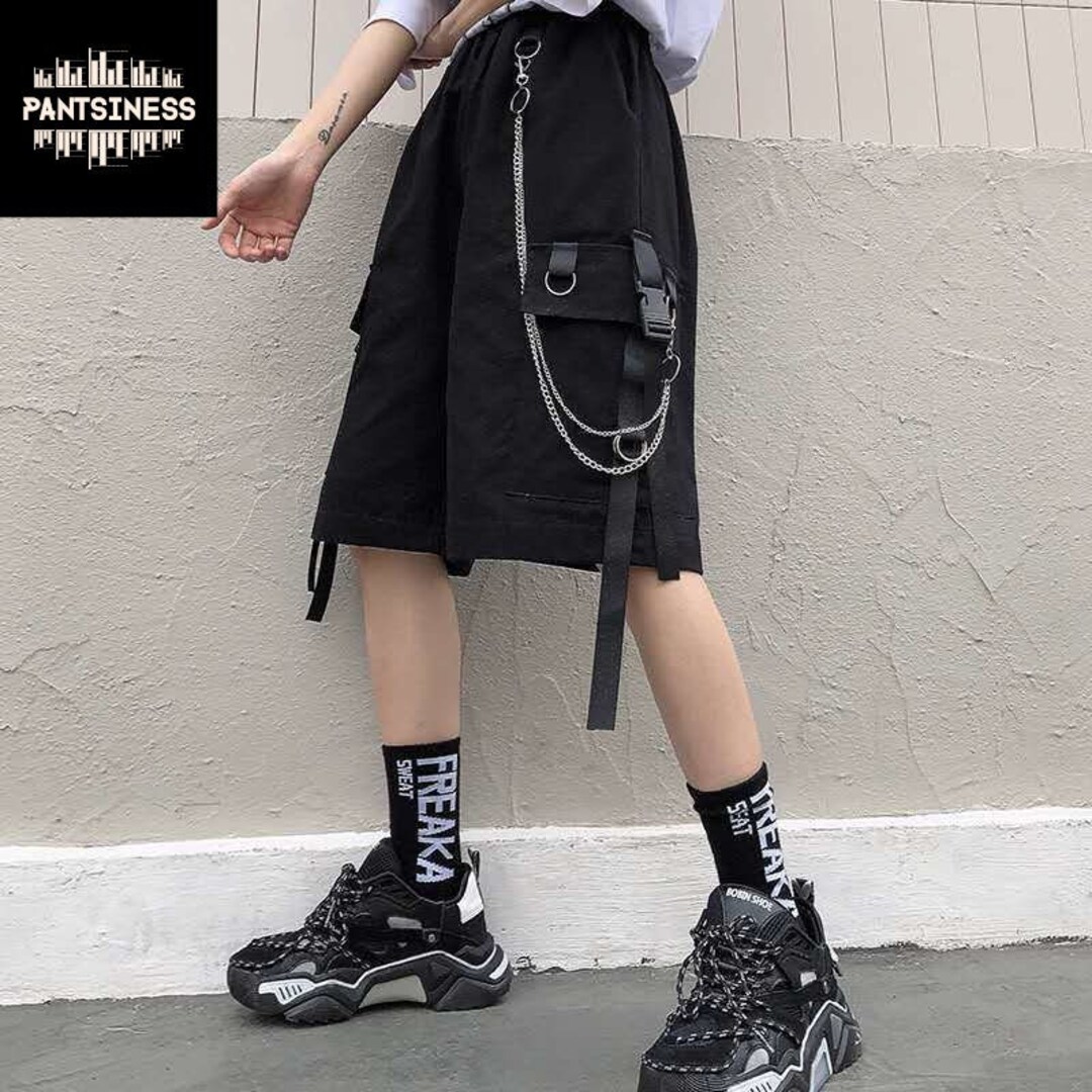 Casual Streetwear Chain Shorts, Steampunk Gothic Multi Pocket Shorts ...