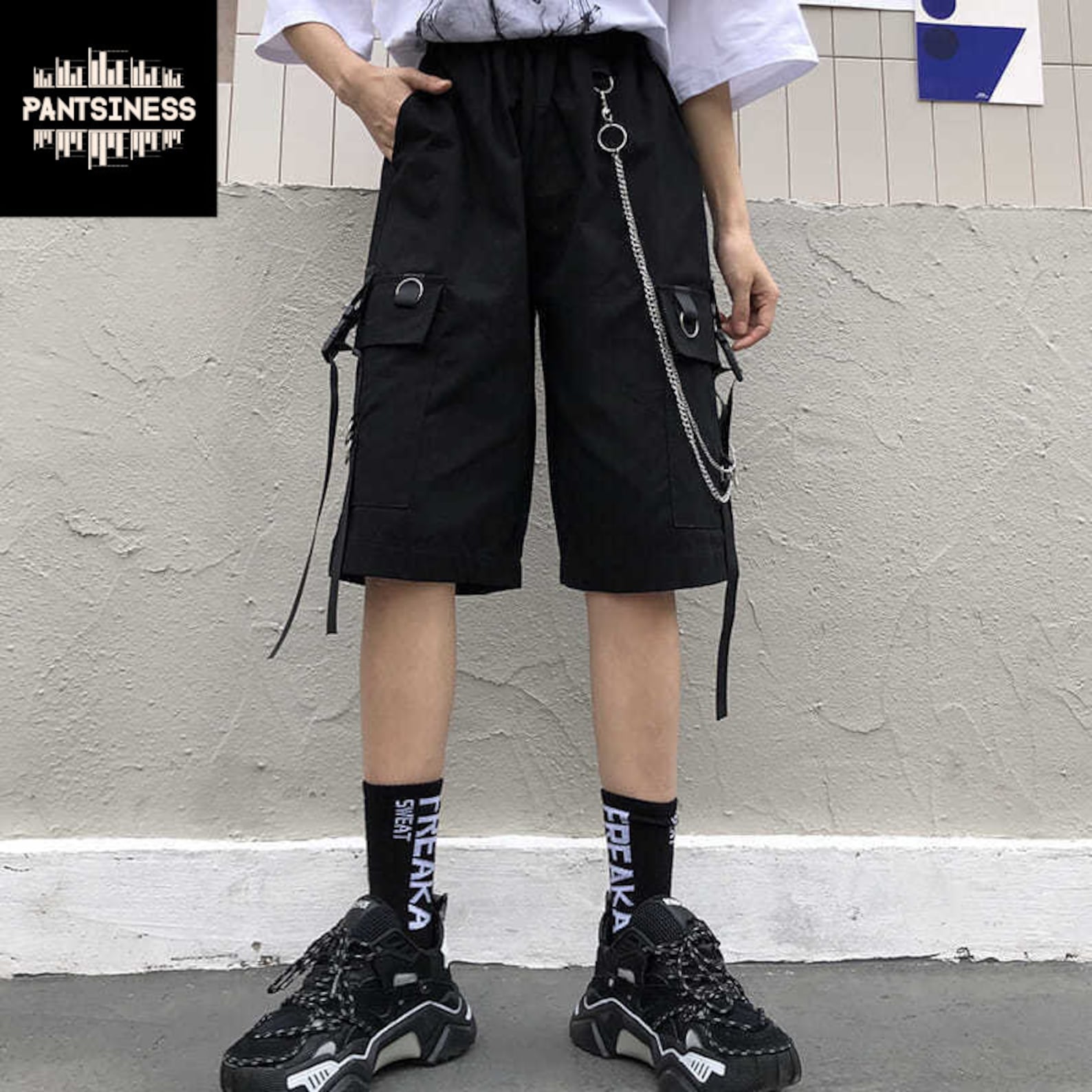 Casual Streetwear Chain Shorts, Steampunk Gothic Multi Pocket Shorts ...