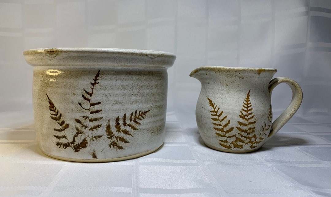 White Glazed Pottery || Vintage || Fern Design || Pot || Creamer ...