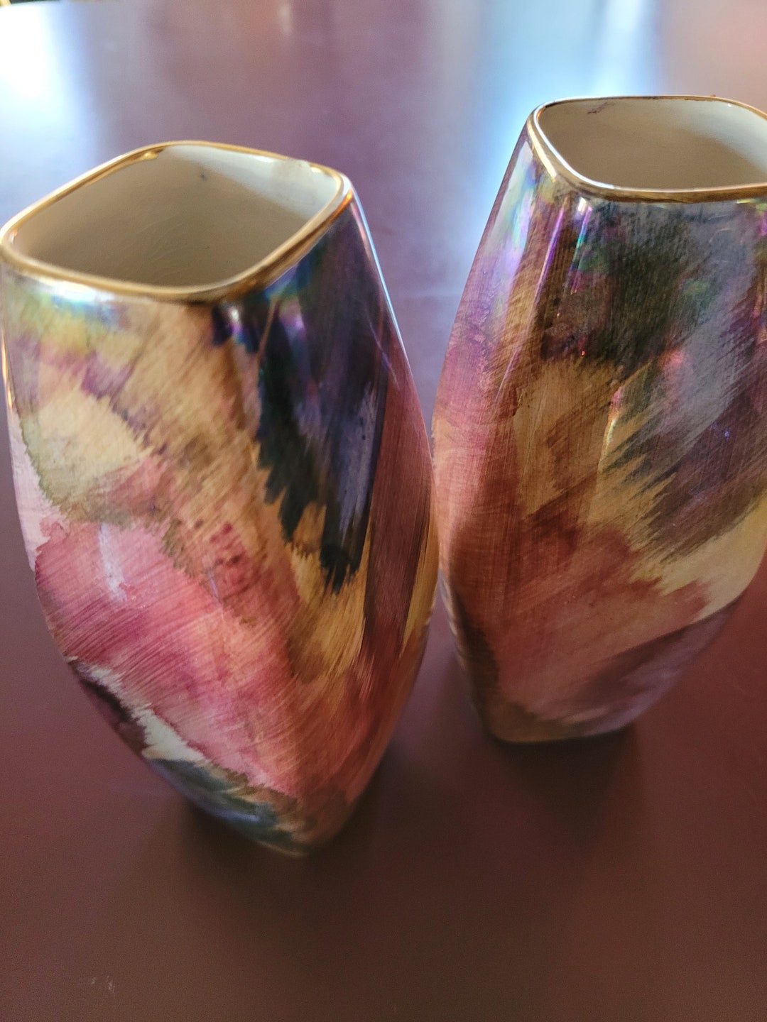 Pair of Vintage Vases Hand Painted With Iridescent Glaze...oldcourt ...