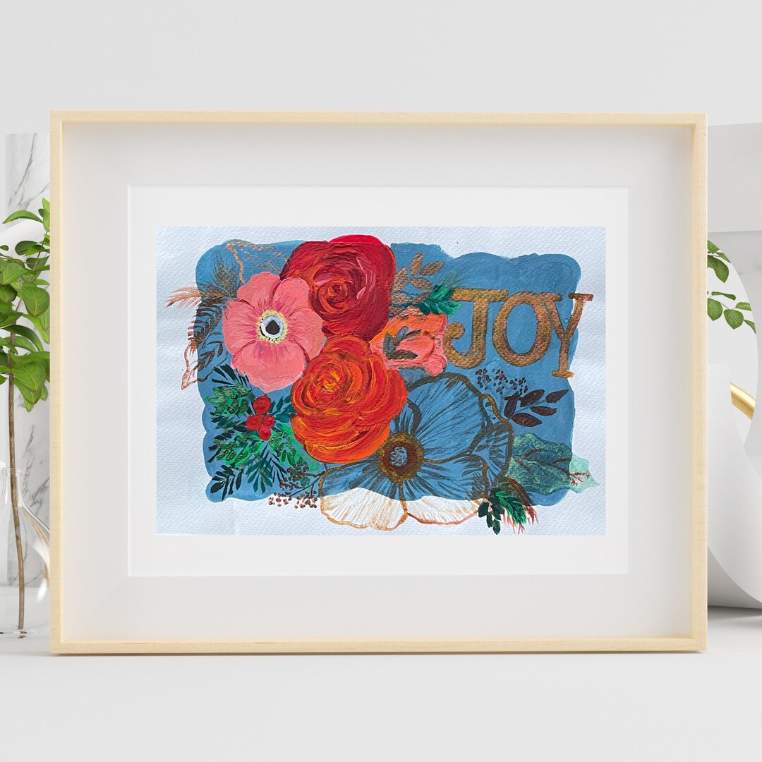 Christmas Floral Metallic joy Gouache Painting - Etsy