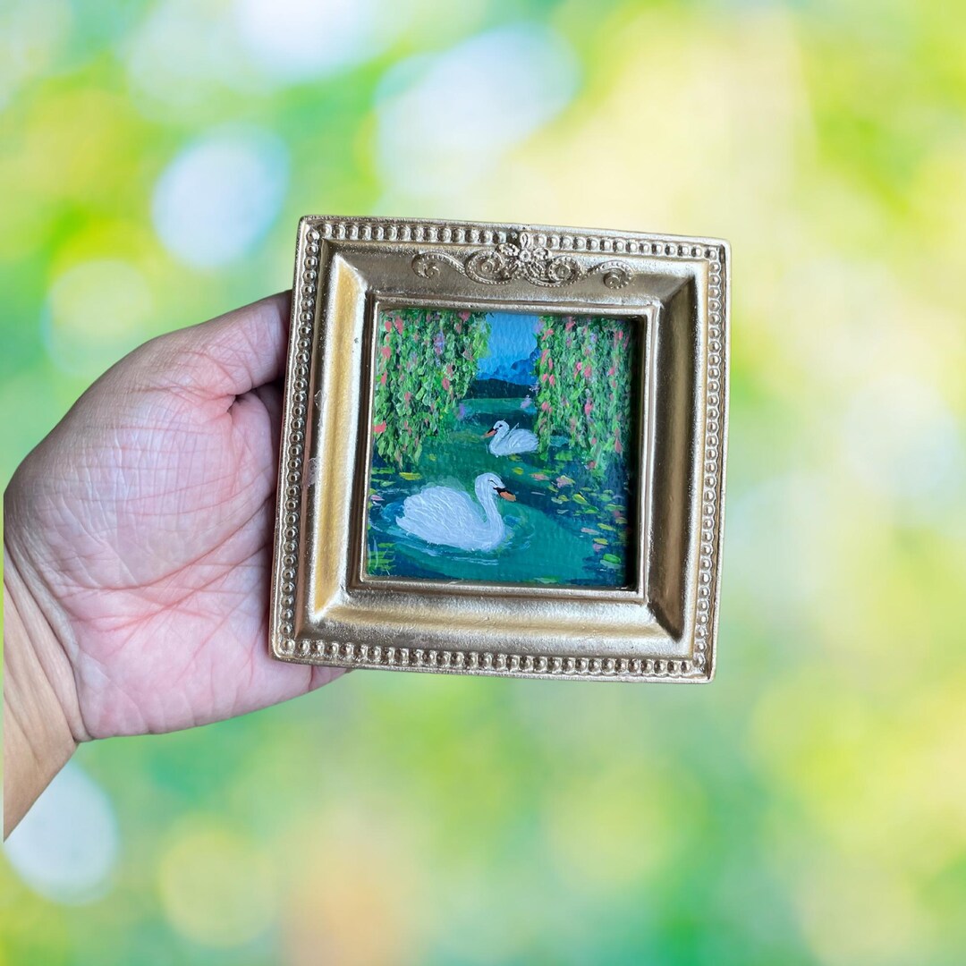 Mini Swans Lake Art: Whimsical Gold Frame Magnetic Art - Etsy