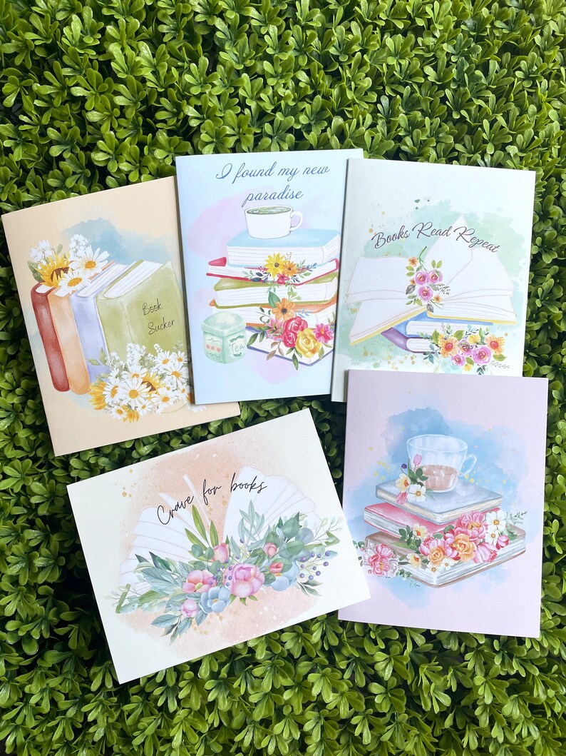 Floral Book Lover Greeting Card: Bookworm Stationery Gift - Etsy
