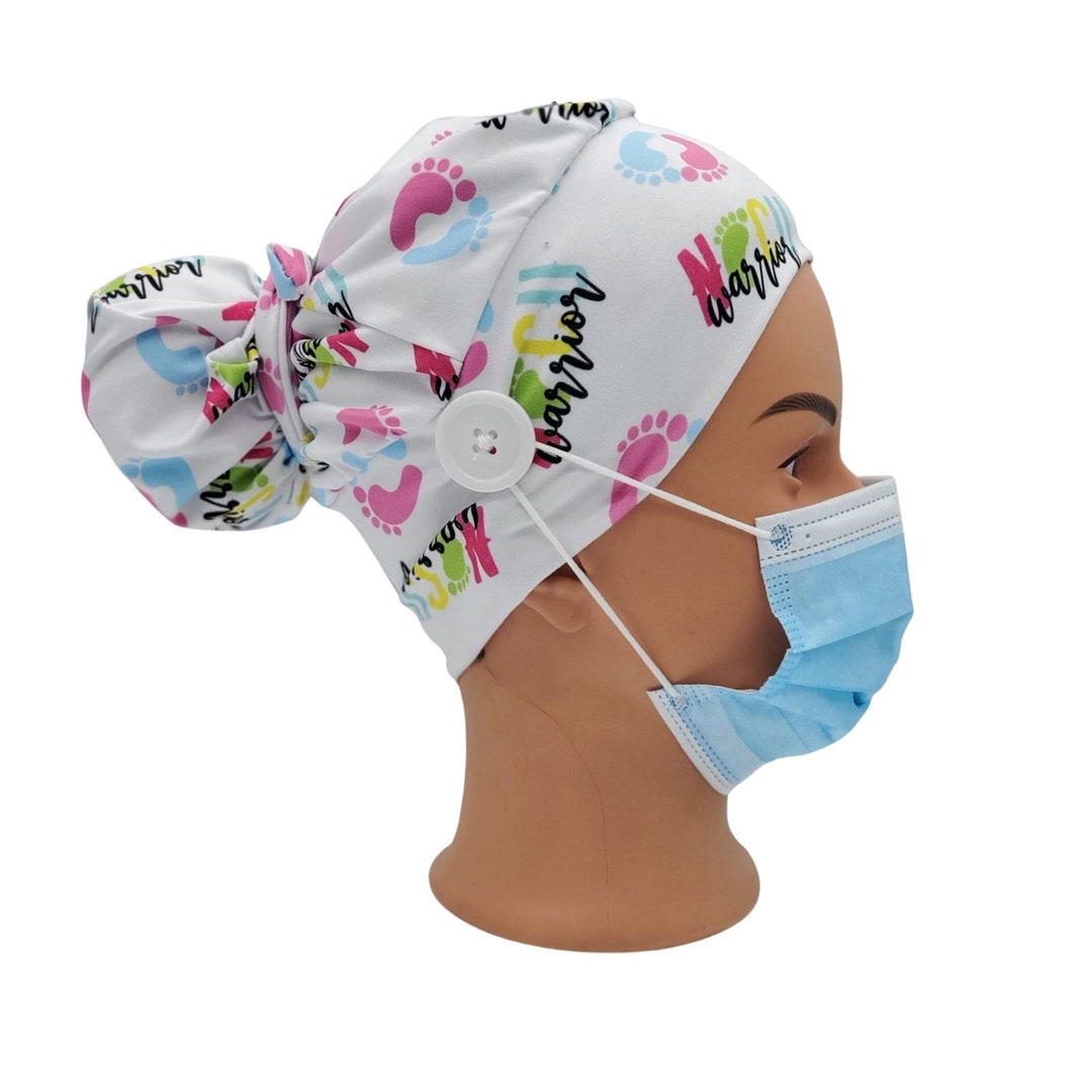 NICU Warrior Scrub Cap, Baby Feet Surgical Hat With Buttons, Long Hair ...