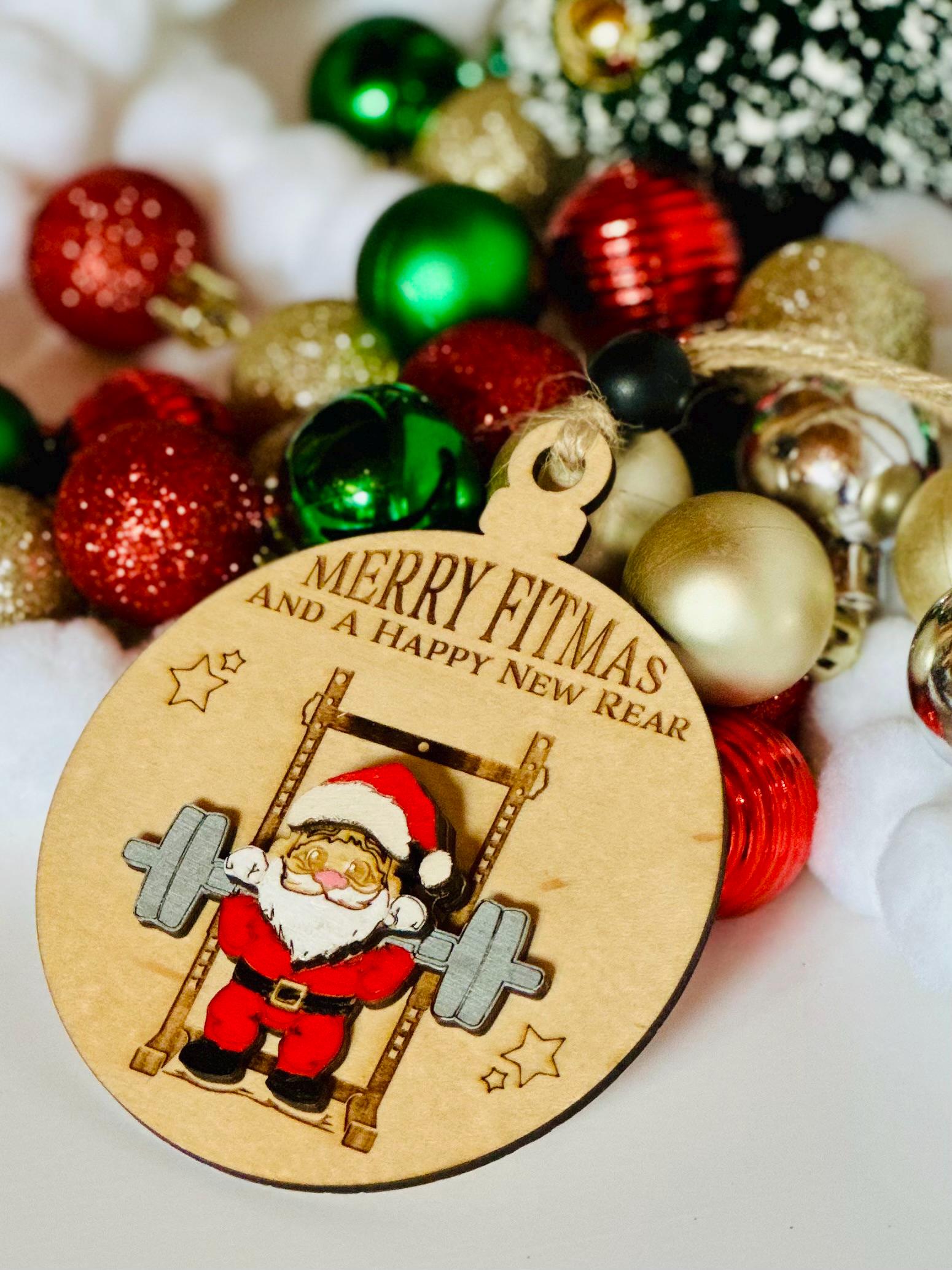 Merry Fitmas Santa Weightlifting Ornament - Funny Gym Christmas Decor ...