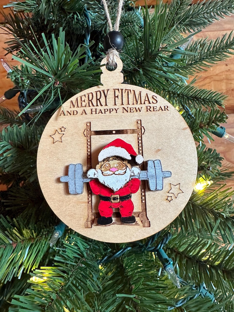 Merry Fitmas Santa Weightlifting Ornament - Funny Gym Christmas Decor ...