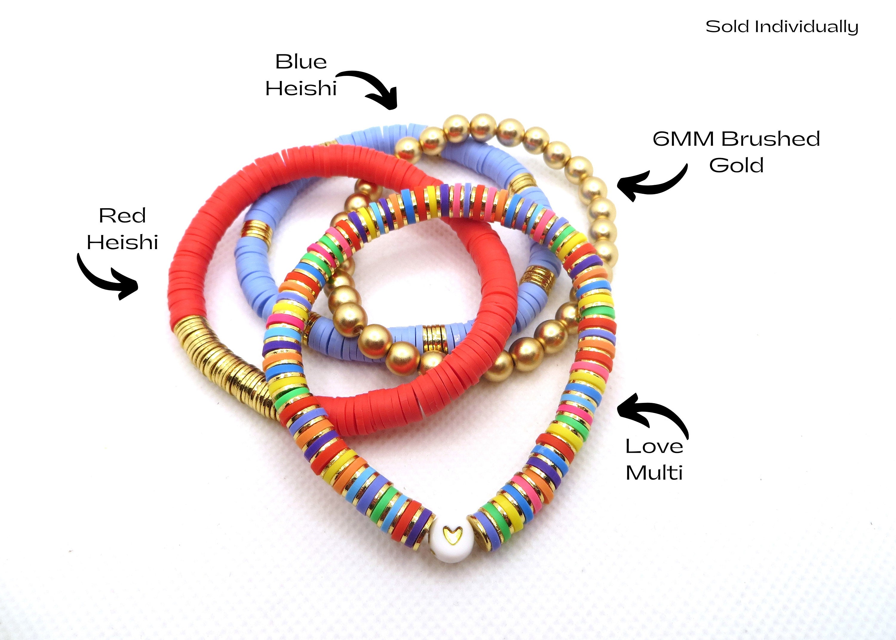 Classic Collection Pride Stack Heishi Bracelet Brushed Gold Custom Name Bracelet Stacking ...