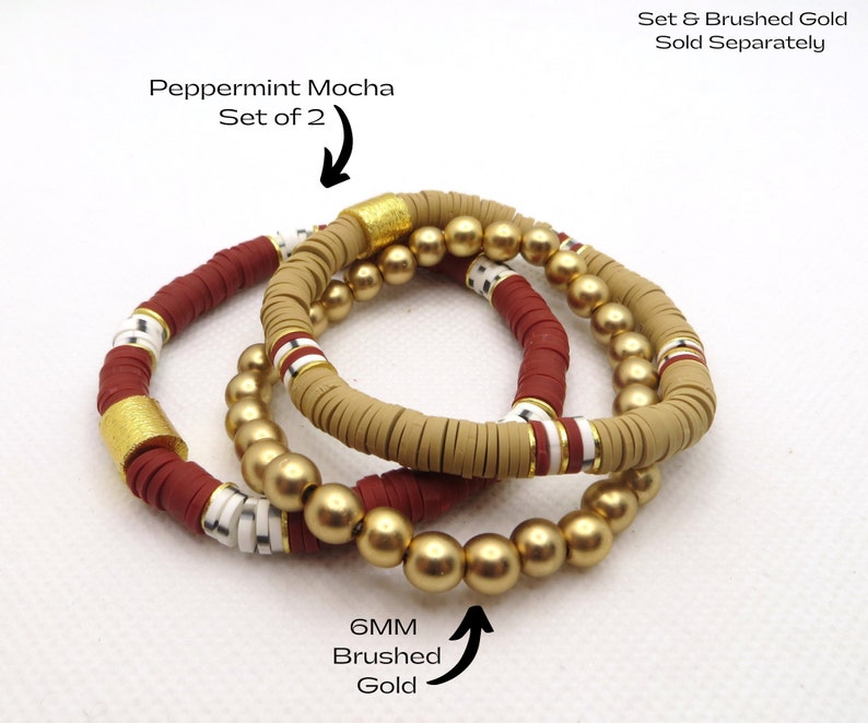 Double Shot Collection Peppermint Mocha Stack Heishi Bracelet PAIR Brushed Gold Custom Name ...