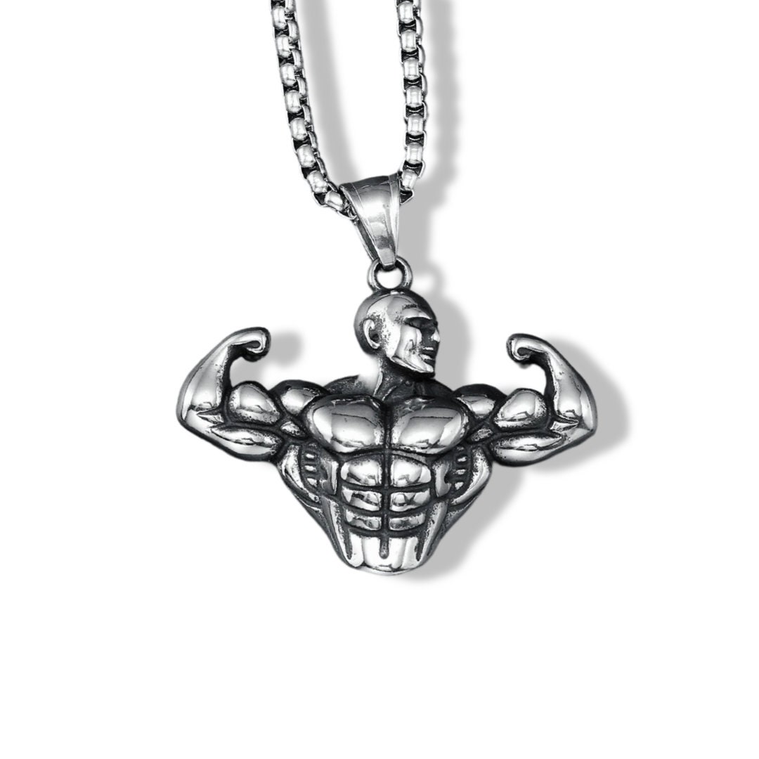 Gym Bodybuilder Pendant , Silver Box Chain Strong Muscles , Minimalist ...