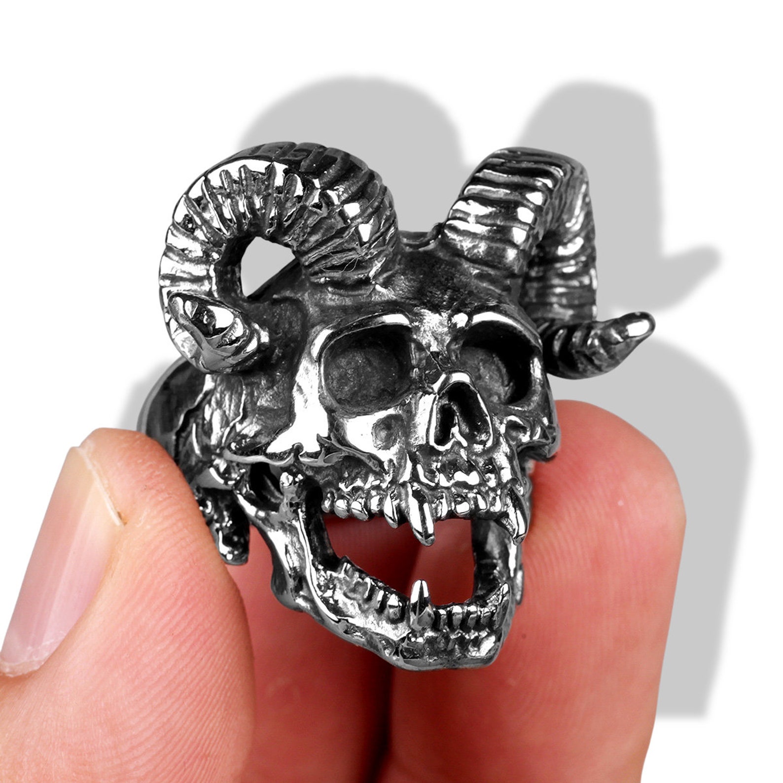 Skull With Horned Ring, Horn Satan Devil Demon Skull Ring, Demon Skull ...