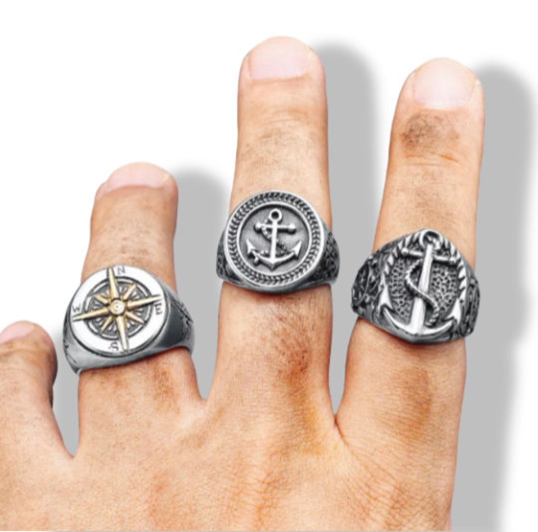 Compass Men Rings , Vintage Stainless Steel Ring With a Sailing Sailor ...