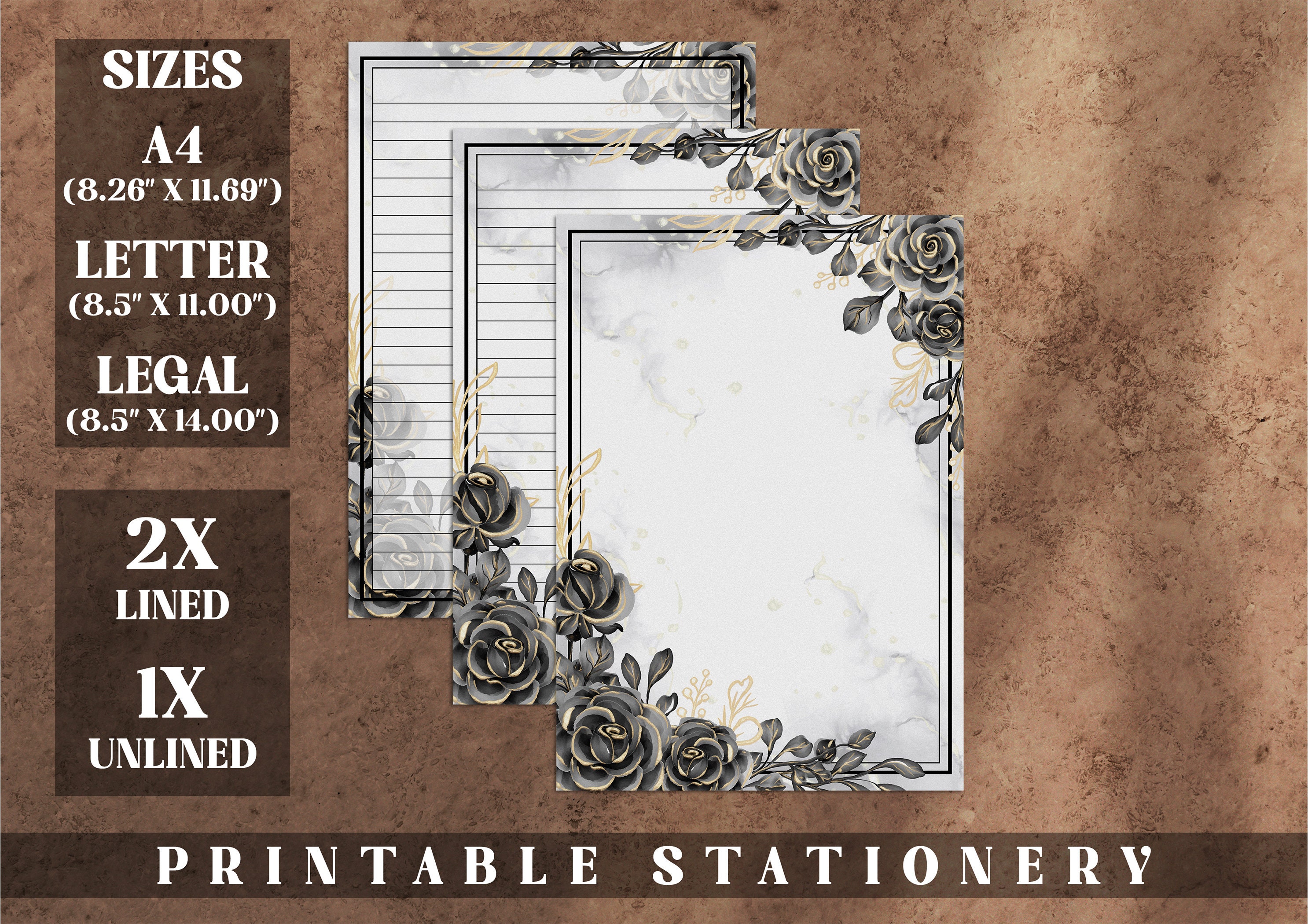 Printable Floral Stationery Black and Gold Writing Paper, Writing Set ...