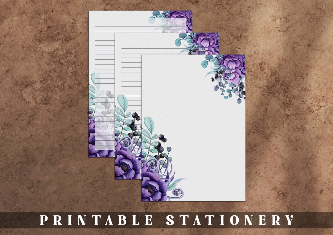 Printable Floral Stationery Purple Writing Paper, Writing Set ...