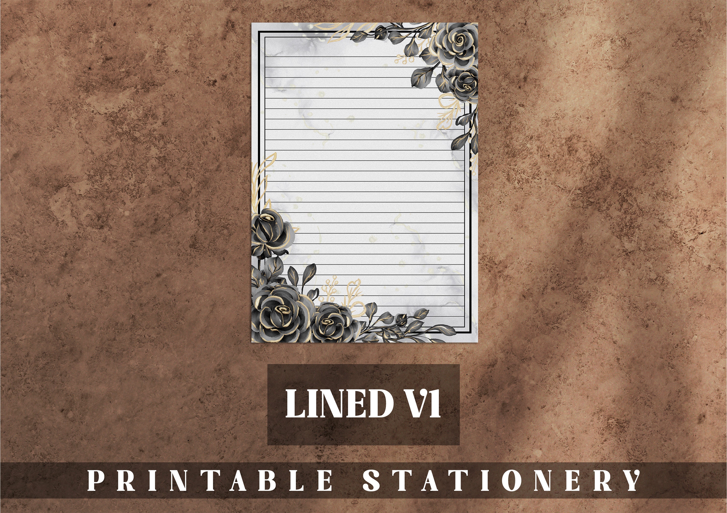 Printable Floral Stationery Black and Gold Writing Paper, Writing Set ...