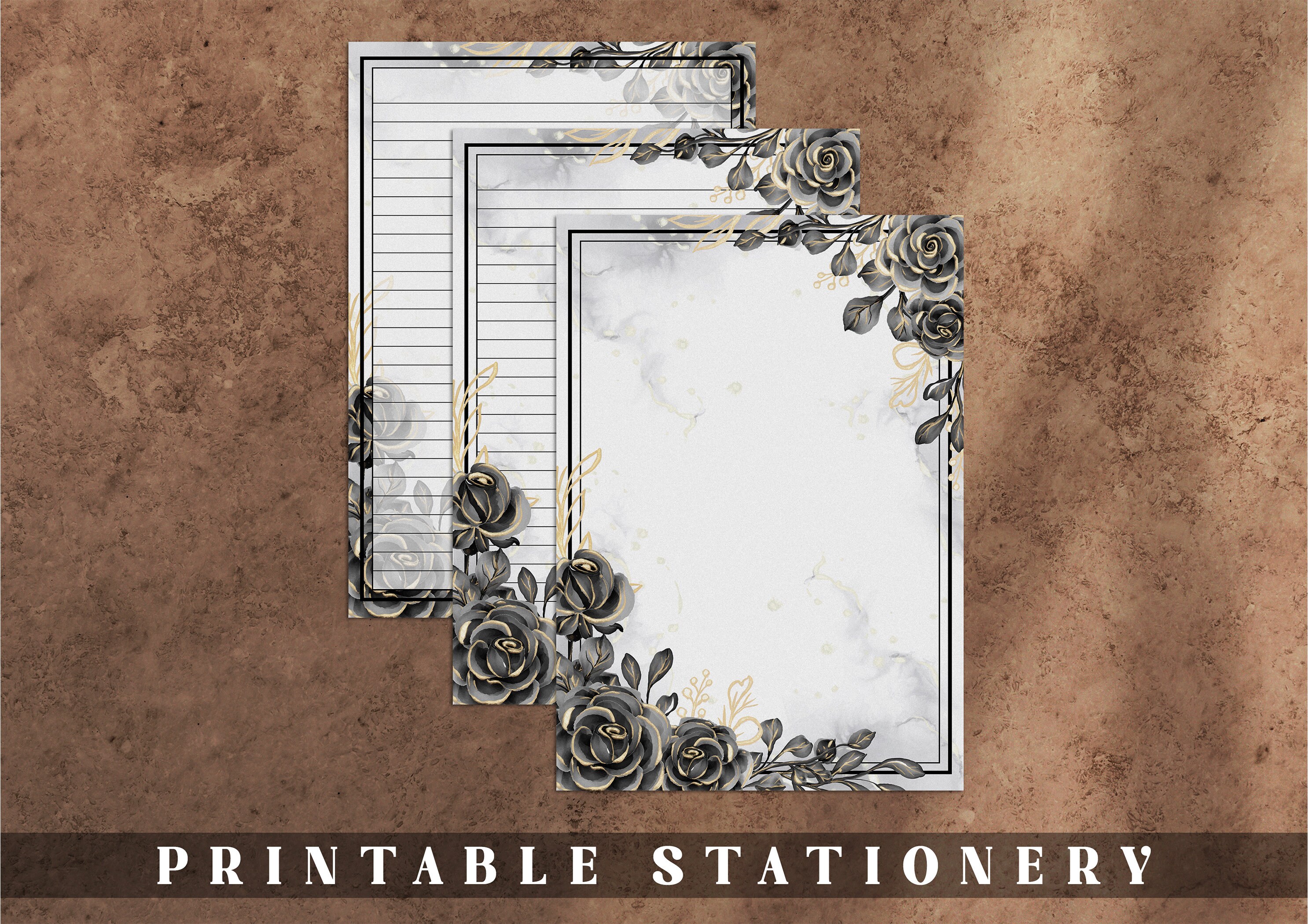 Printable Floral Stationery Black and Gold Writing Paper, Writing Set ...