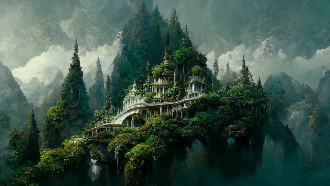 Fantasy Landscapes Elven Home in the Mountains- Digital Print- Screen ... Fantasy Landscapes Elven Home in the Mountains- Digital Print- Screen ...