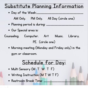 Downloadable Printable Teacher Planner for Substitute - Etsy