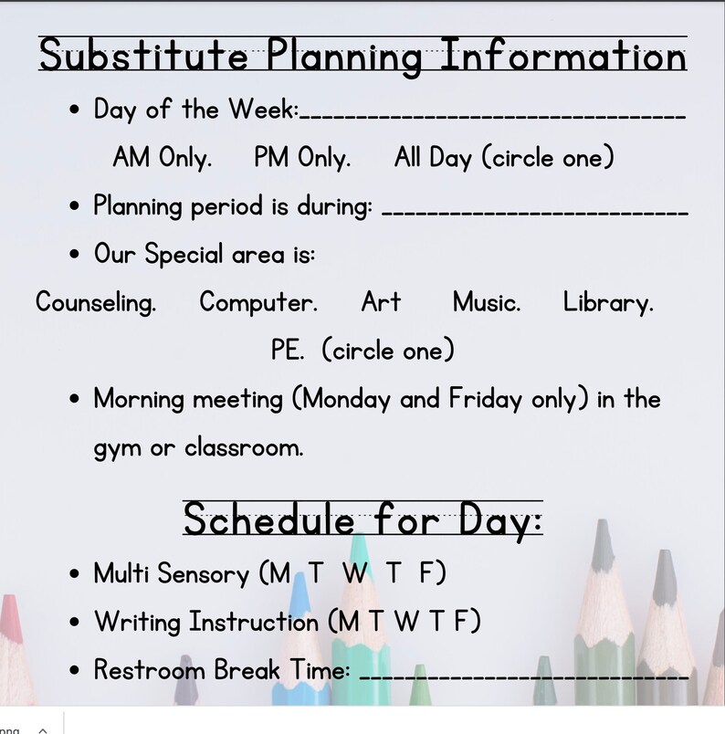 Downloadable Printable Teacher Planner for Substitute - Etsy