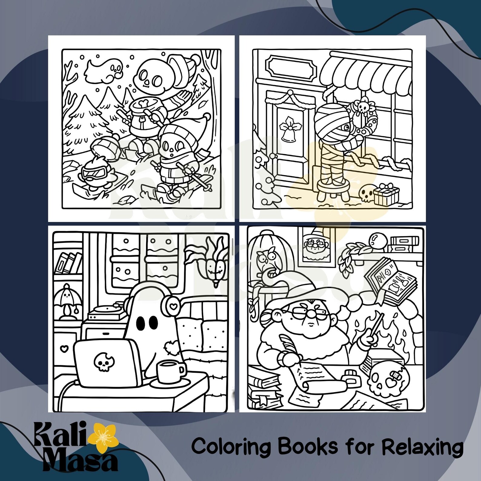 101 Cute Spooky Hygge Coloring Pages | Relaxing Coloring Book for Kids ...