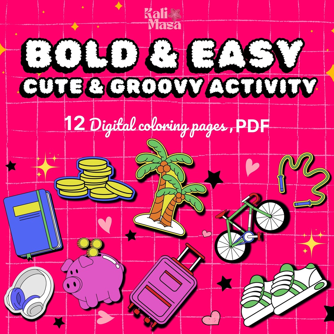 12 Cute and Groovy Coloring Pages | Relaxing Bold Coloring Book for ...