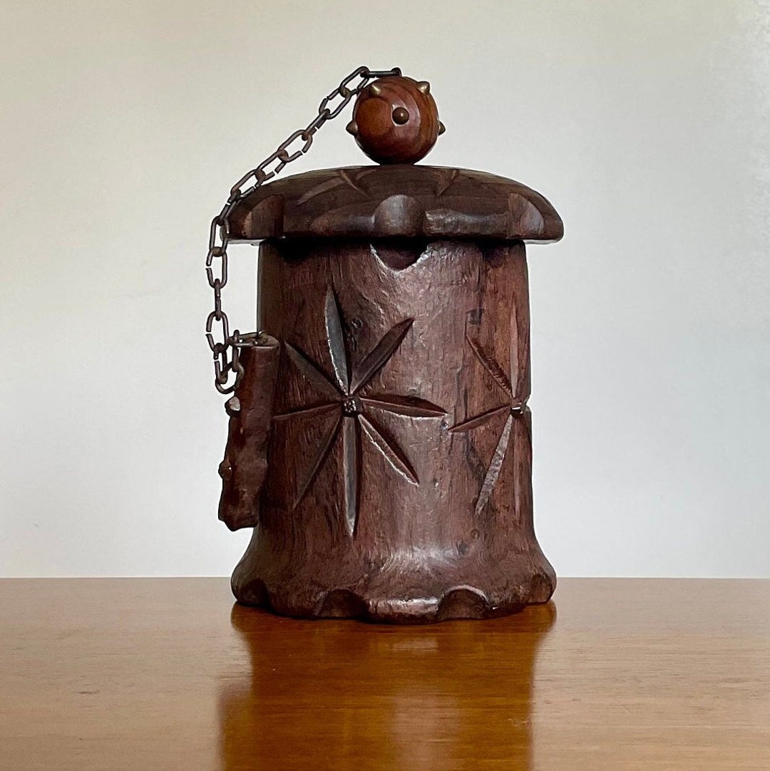 Vintage Hand Carved Solid Wood Lidded Box With Medieval Mace Handle ...
