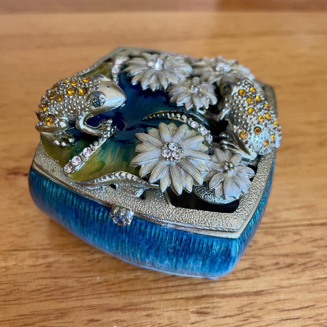 Vintage Frog Trinket Box With Enamel Flowers and Rhinestones | Ornate ...