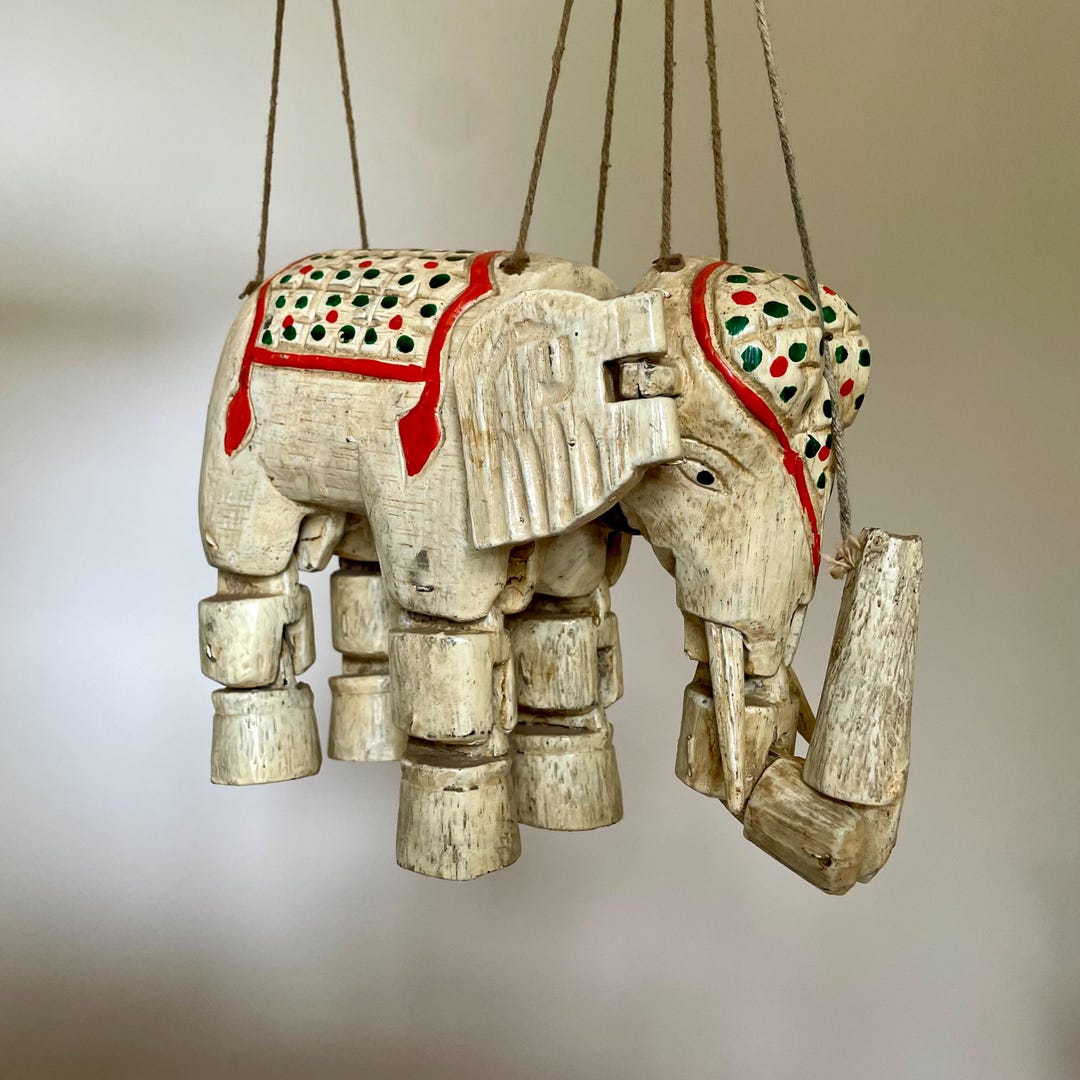 Vintage Handcrafted Wooden Elephant Marionette Puppet Made in India ...