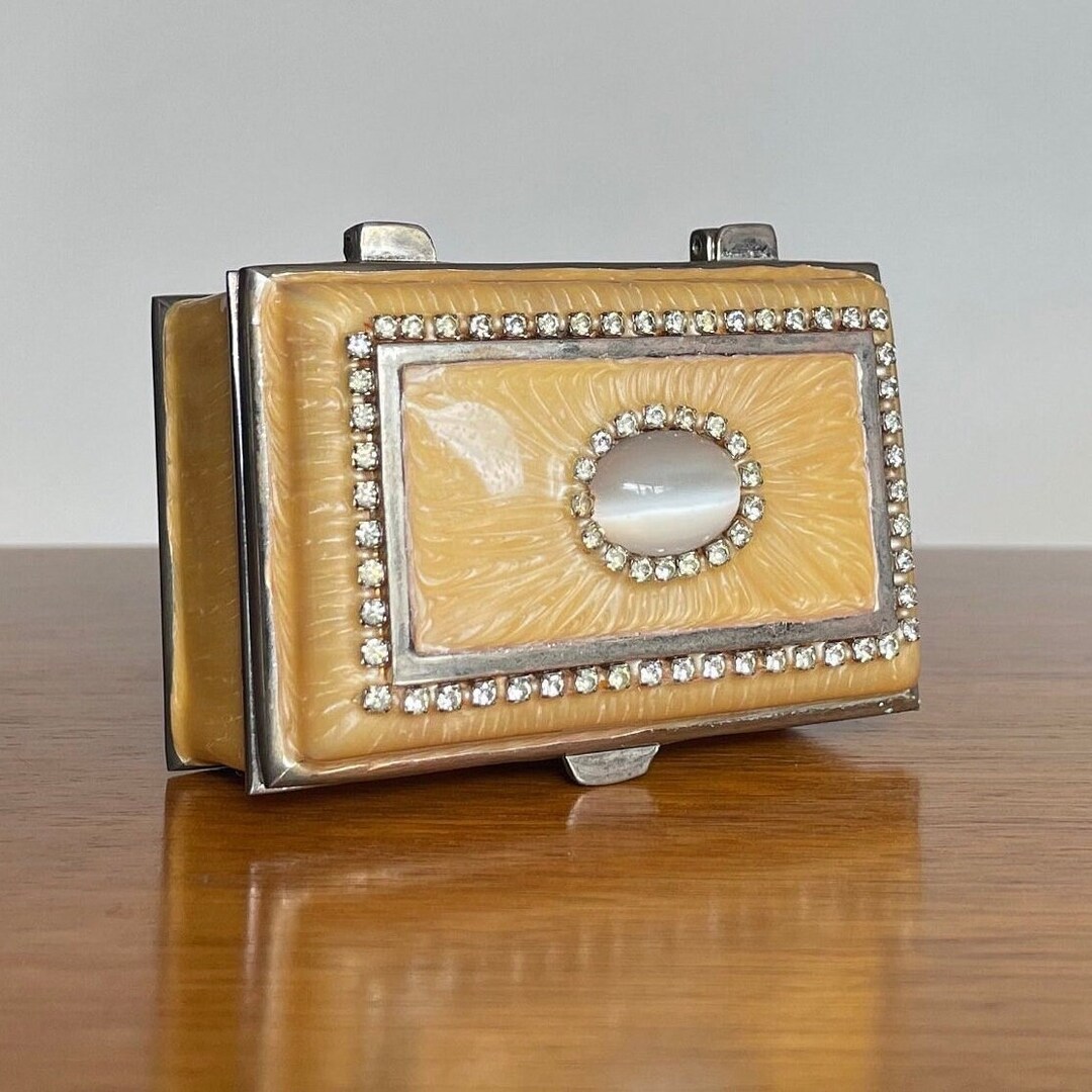 Vintage Buttery Yellow Enamel Treasure Chest Trinket Box | Rhinestones ...