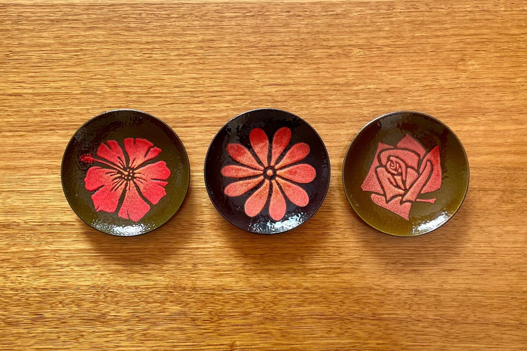 Vintage Set of Three Metal and Enamel Trinket Dishes With Flower Motifs ...