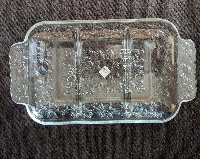 NOS 3 Section Crystal Relish Dish Princess House Fantasia Poinsettia ...