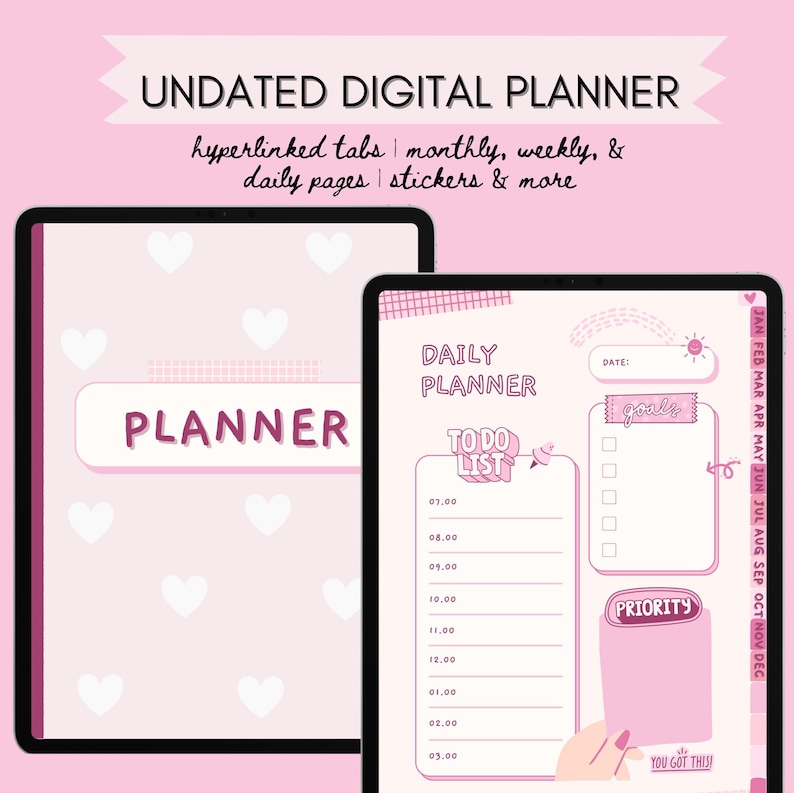 Digital Planner, Pink Undated Digital Planner, Pink Digital Planner