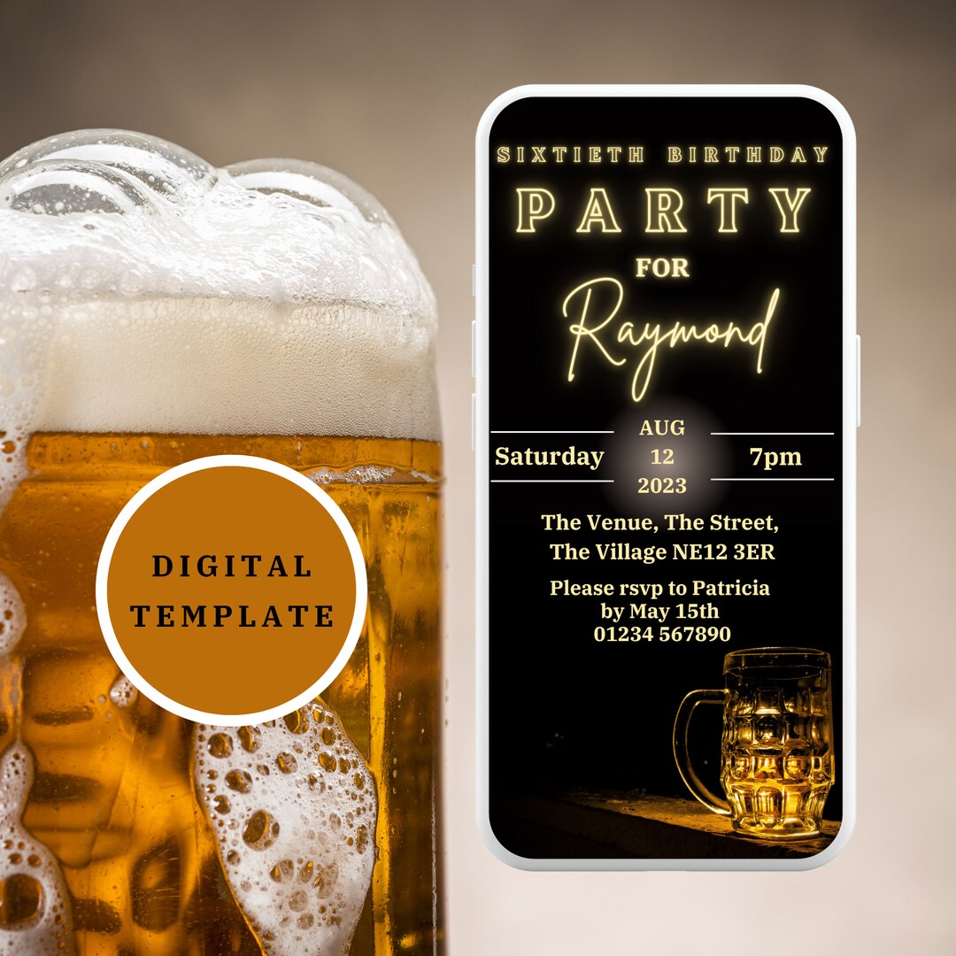 Electronic Beer Themed 60th Birthday Party Invitation, Digital Invite ...