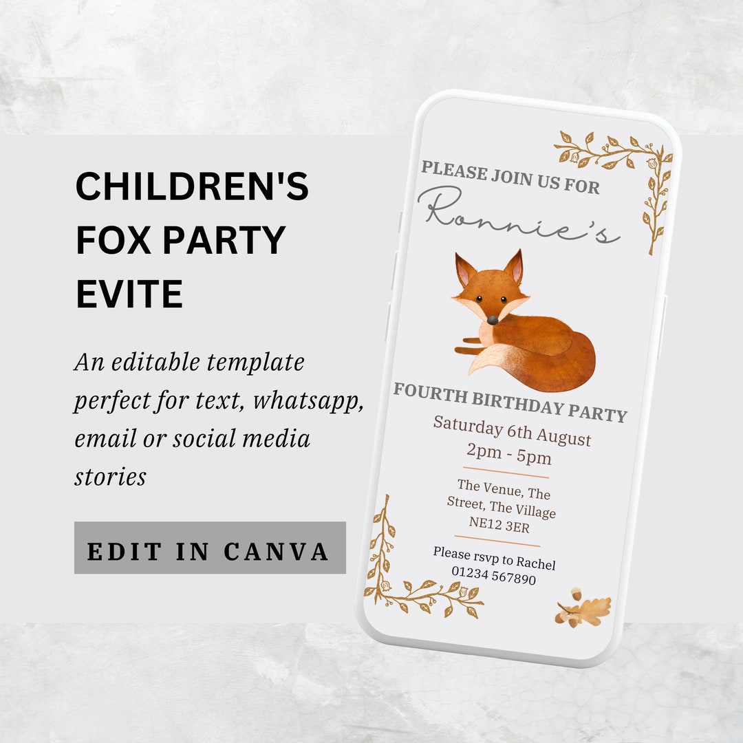 Woodland Fox Children's Party Invitation, Fox Phone Template, Digital ...