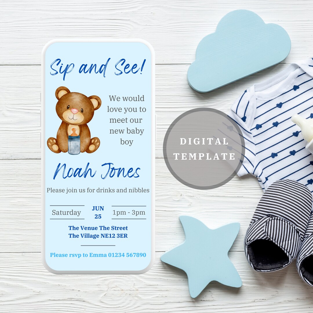 Self Edit Sip and See Invitation, Welcome Baby Invitation Template, New ...