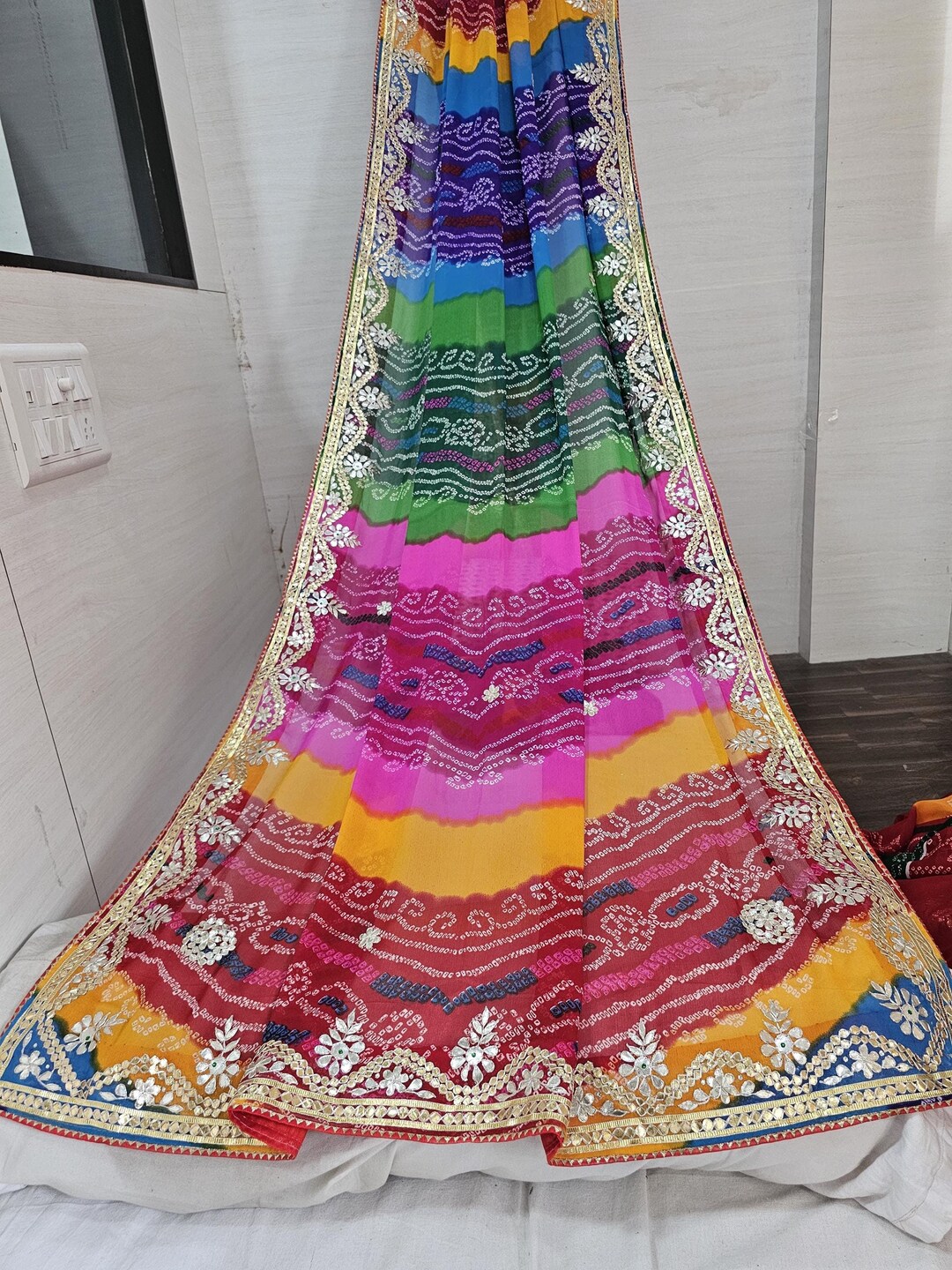 Handmade Red Multi Bandhej Saree With Heavy Gotta Patti Work ...