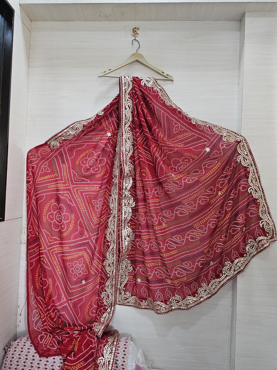 Red Bandhani Wedding Saree - Handmade Gotta Patti, Indian Bridal Sari ...
