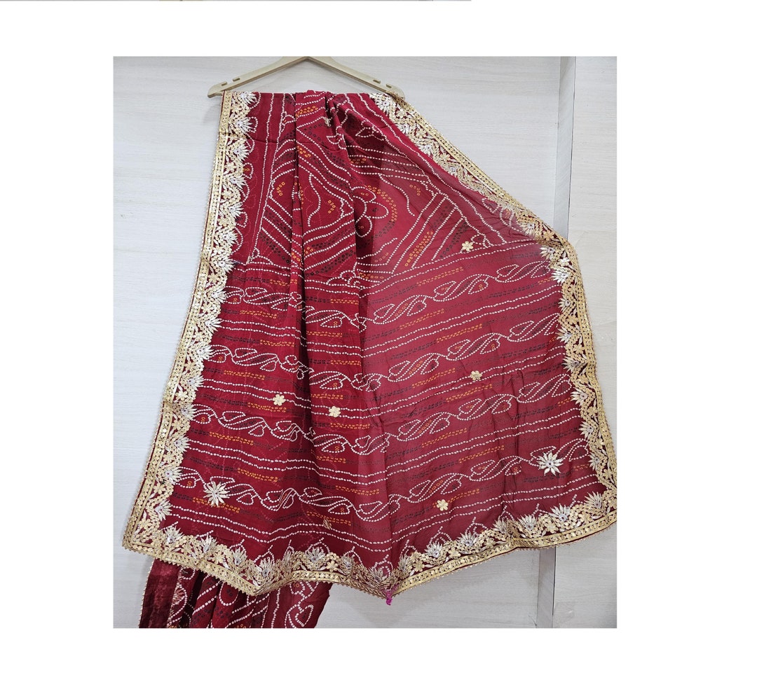 Red Bandhani Saree With Gotta Patti Work Sari, Indian Bridal Wear ...