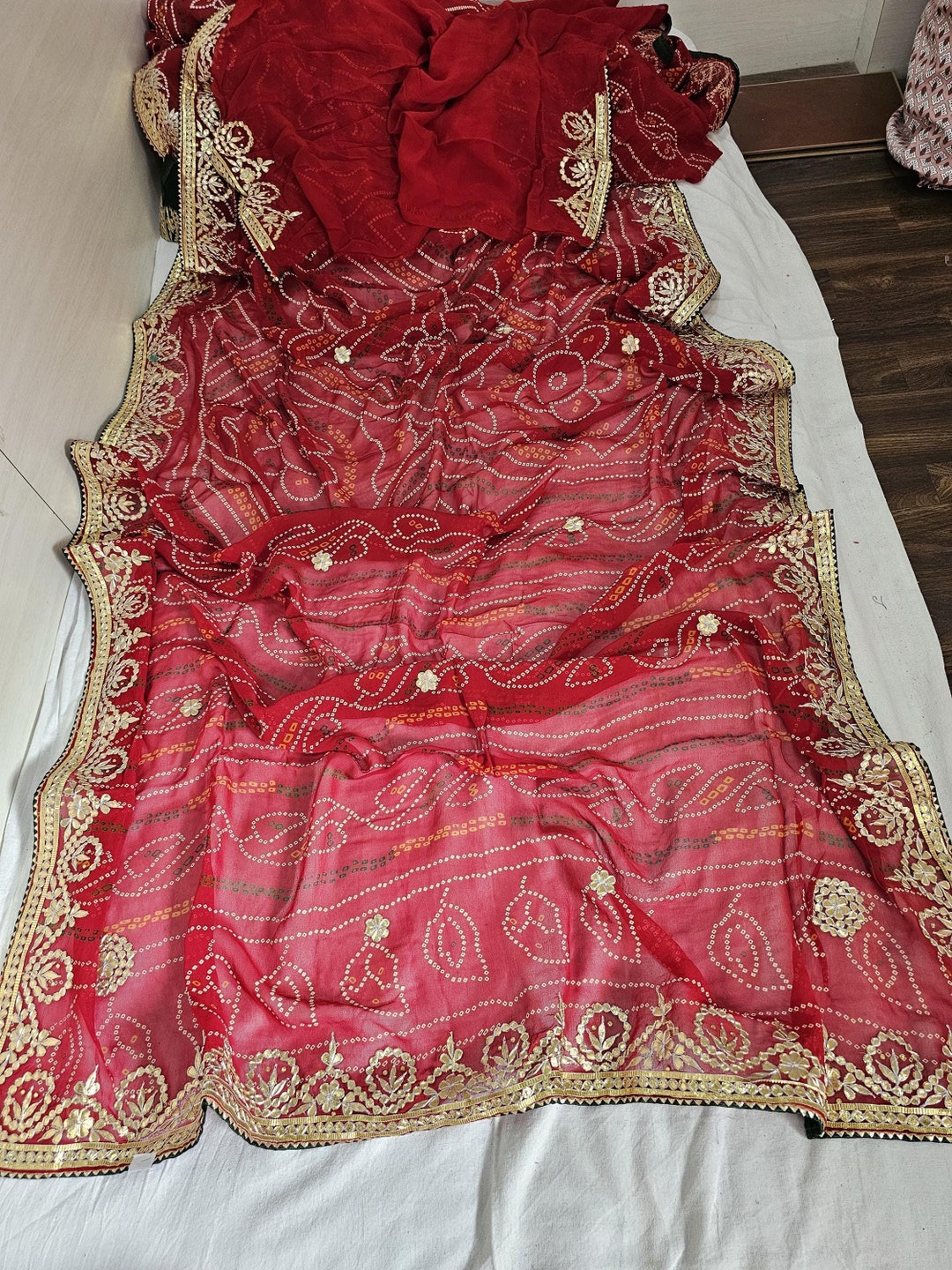 Indian Traditional Red Bandhani Saree Blouse Gotta Patti Work Saree ...