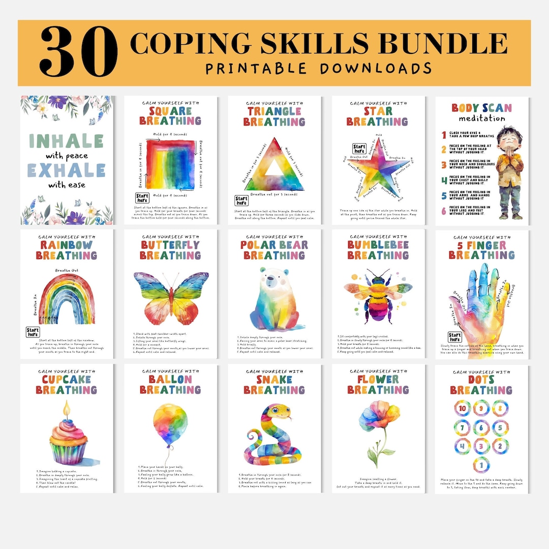 30 Coping Skills Poster, Breathing Technique, Calming Down Strategies ...