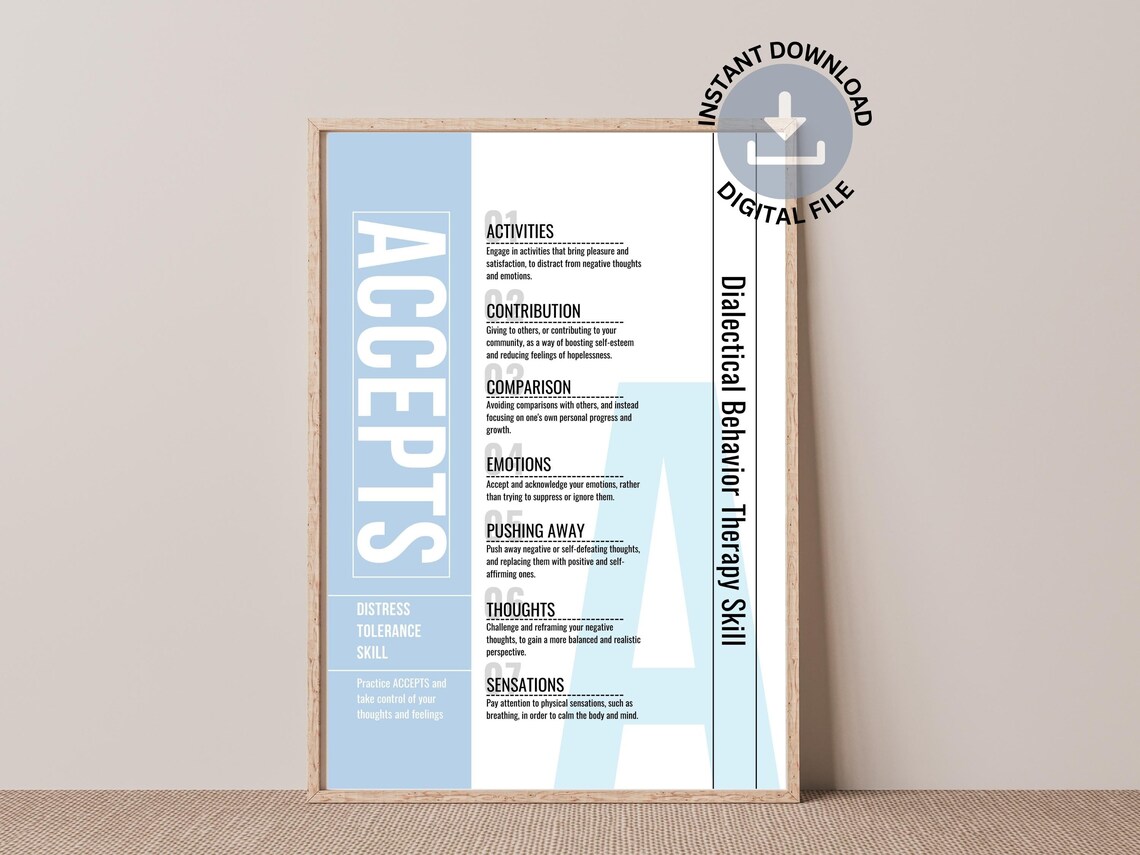 ACCEPTS DBT Poster, Distress Tolerance Skill, DBT Skill, Mental Health ...