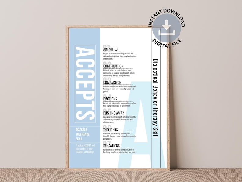 ACCEPTS DBT Poster, Distress Tolerance Skill, DBT Skill, Mental Health ...