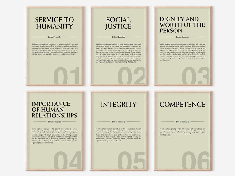 Set of 6 Social Worker Code of Ethics, Social Work Values, NASW Code of ...