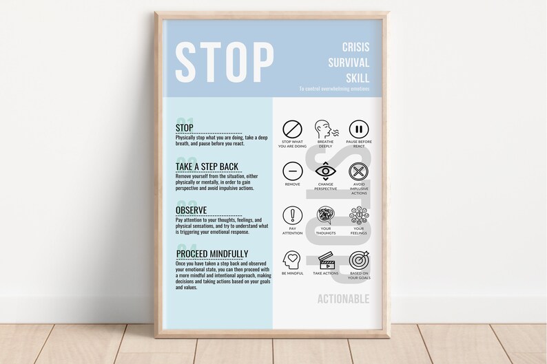 STOP DBT Poster, Crisis Survival Skill, DBT Skill Poster, Mental Health ...