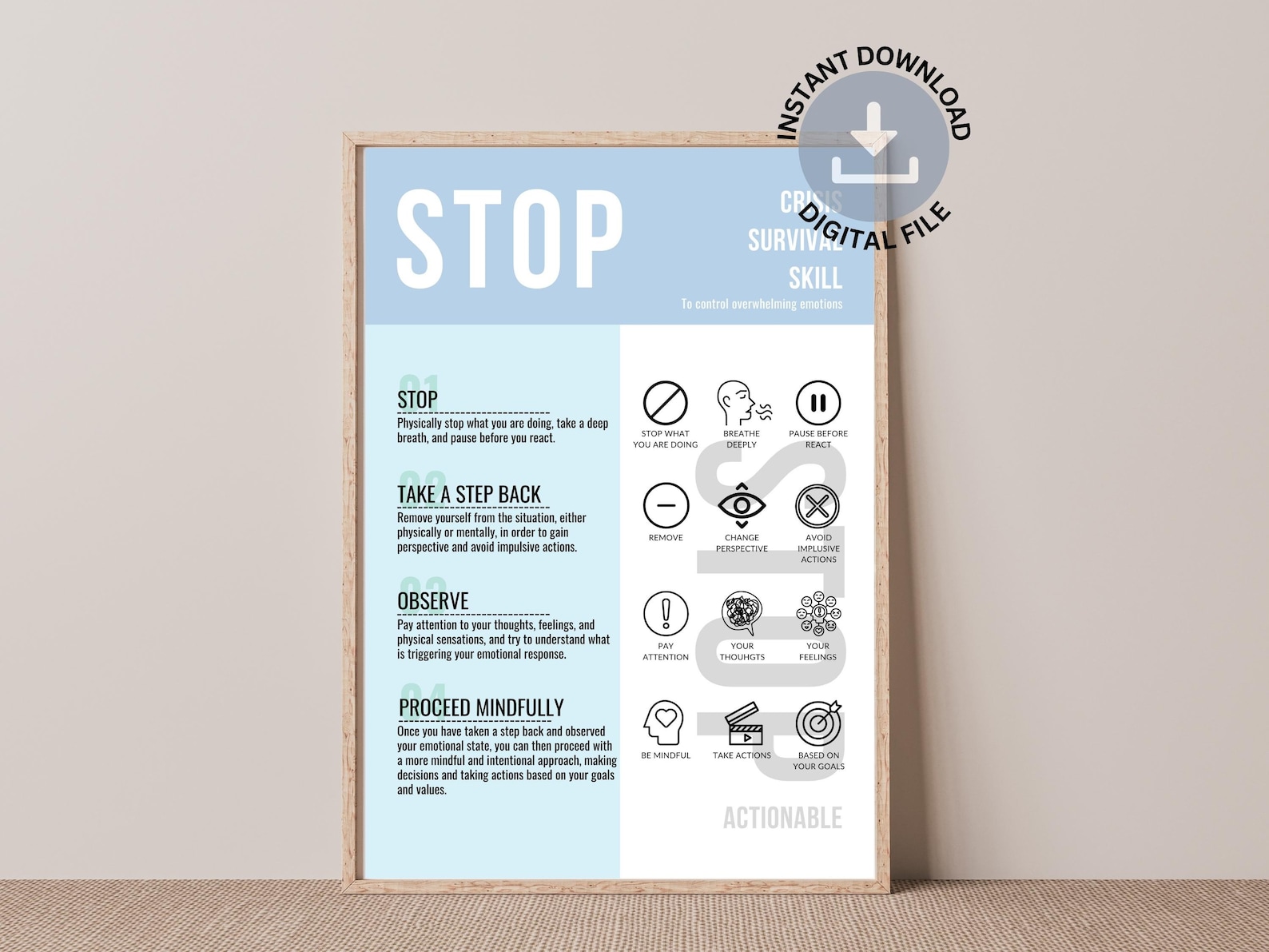 STOP DBT Poster, Crisis Survival Skill, DBT Skill Poster, Mental Health ...