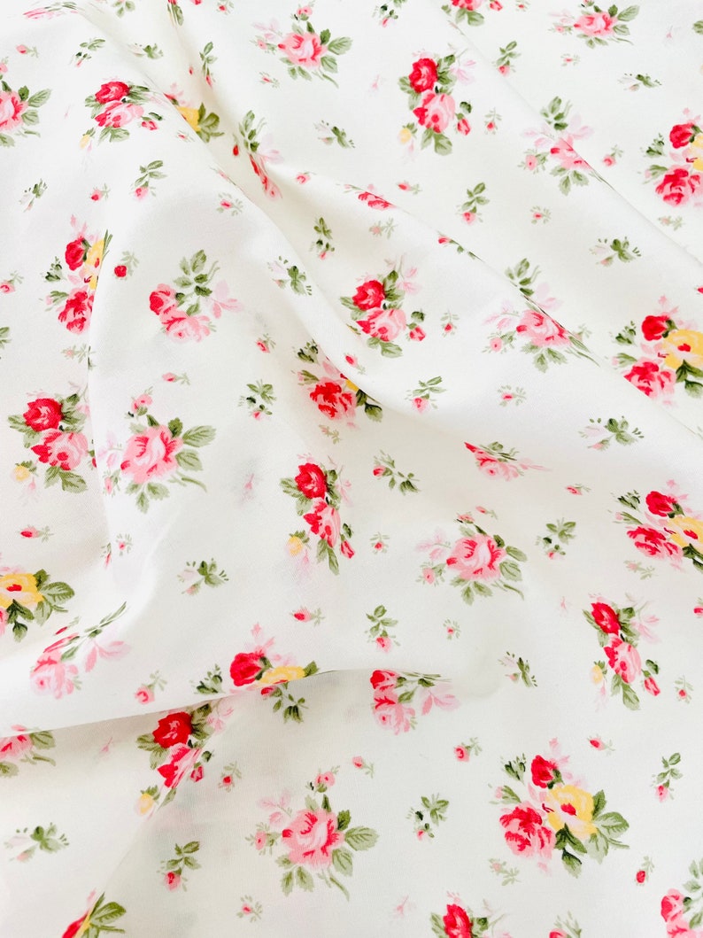 Rose Pattern Floral Fabric - Ivory - 100% Cotton Poplin - Rose & Hubble ...