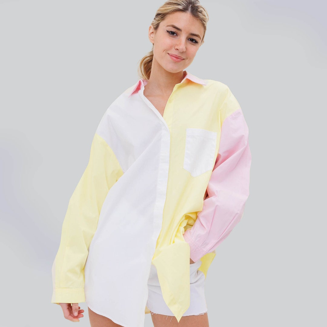 Leah Color Block Oversized Cotton Shirt, Button-down Shirts, Bulky ...