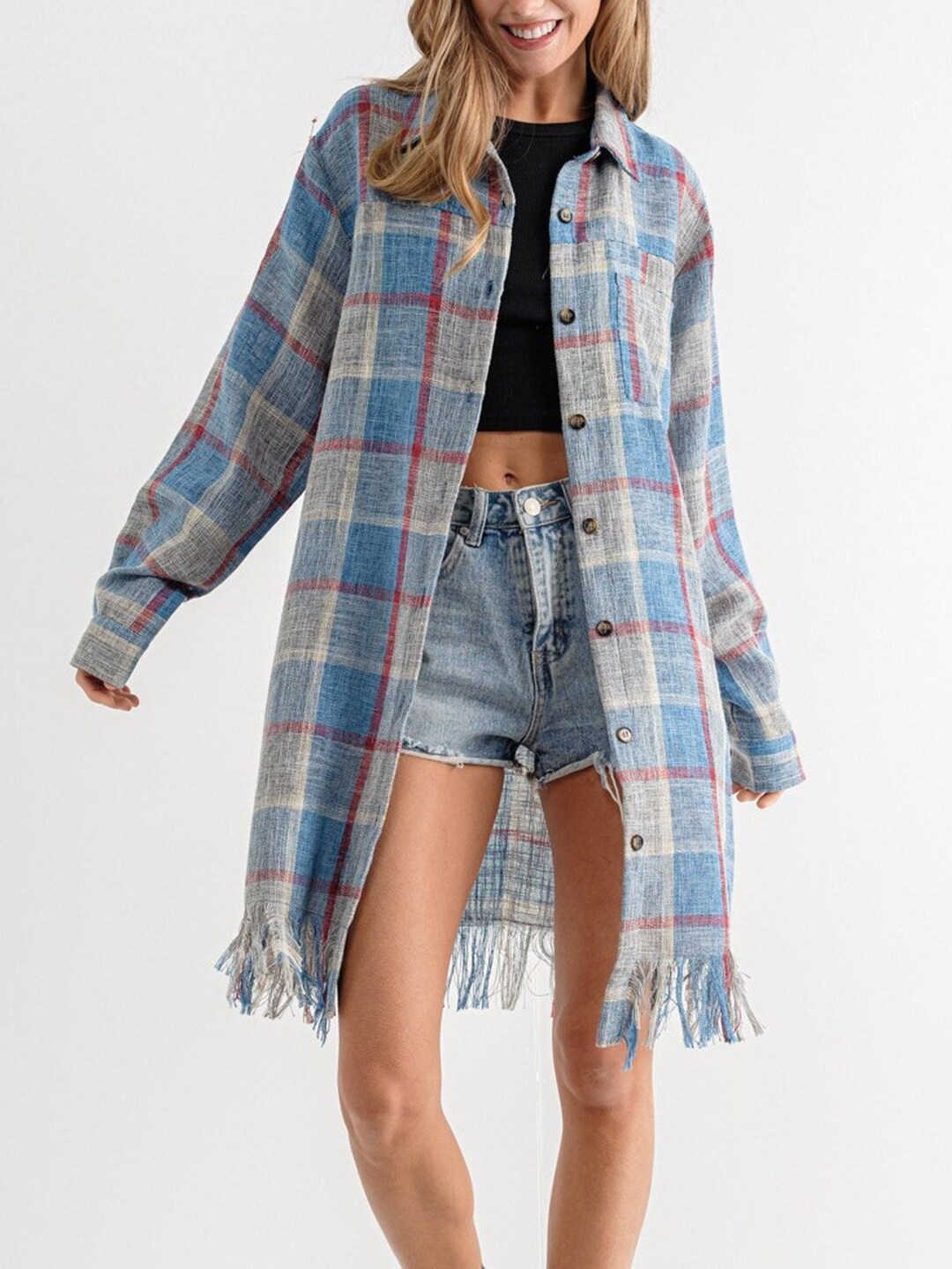 Olivia Frayed Plaid Button Down, Long Shirts, Plaid Shirts, Plaid ...