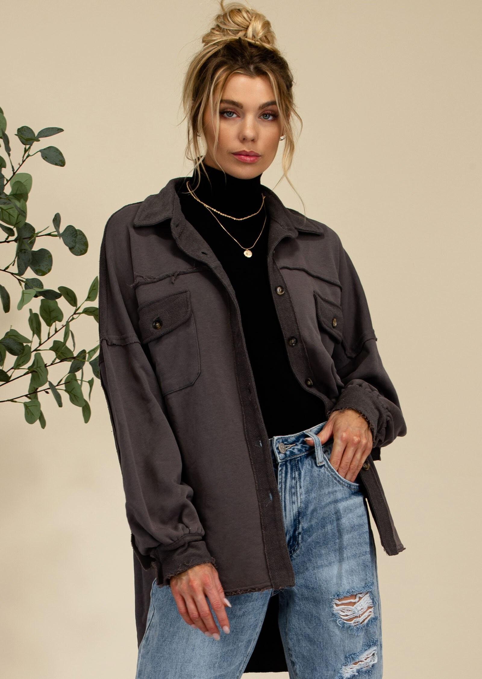 Jessi French Terry Vintage Shacket, Vintage Style Button Down, Vintage Shacket, Casual Button ...